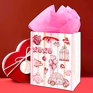 12 Pcs Valentine's Day Paper Gift Bags 5.5 * 6.5 * 2.9" with Tissue Paper for Kids Party Favor Classroom Exchange Prizes Present Wrapping