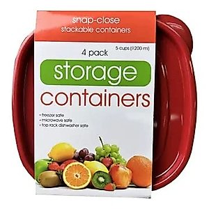 Kole Imports Deep Square Food Container 4pk 5 Cups 1200 ML, Snacks, Leftover Food, Empty Container, BPA Free, Clear Red Lid