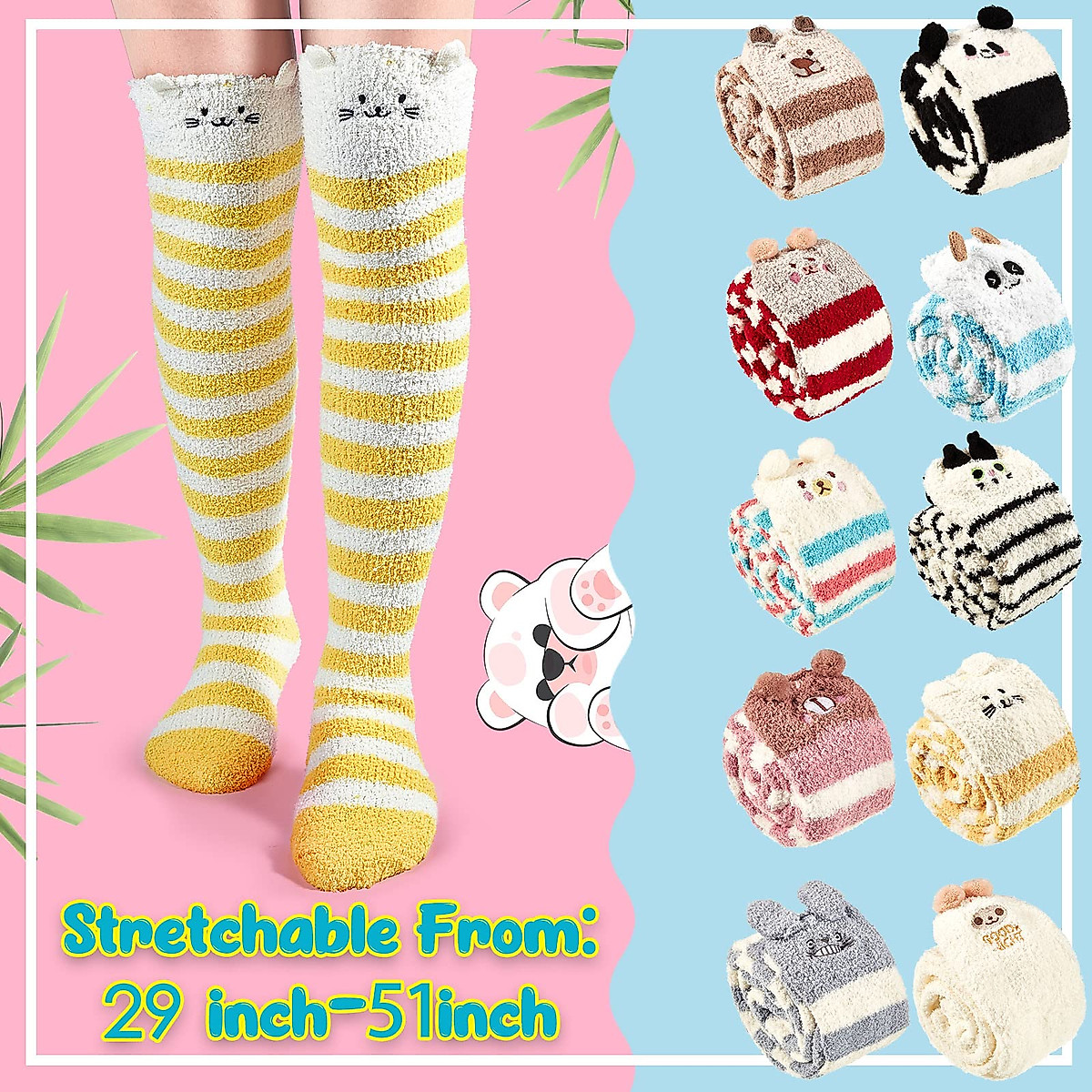 Hercicy 10 Pairs Thigh High Socks Cute Cartoon Thigh High Stockings Women over Knee Fuzzy Socks Winter Leg Warmers, One Size