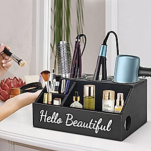 Wooden Black Hair Tools Organizer, Rustic Hair Dryer Holder, Bathroom Supplies Countertop Storage Stand and Vanity Caddy for Blow Dryer Curling Iron Hair Straightener Brushes Hair Styling Accessories