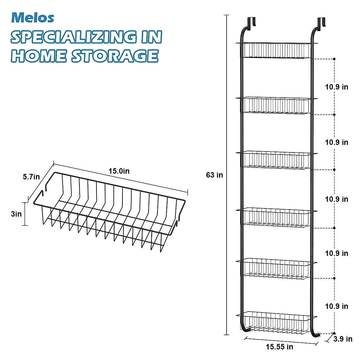 melos Over The Door Pantry Organizer Rack, 6-Tier Heavy-Duty Metal Back Of Door Shelf Organizer, Over The Door Hanging Spice Rack With 6 Full Baskets - Cans, Storage, Closet, Bathroom, Kitchen, 15in