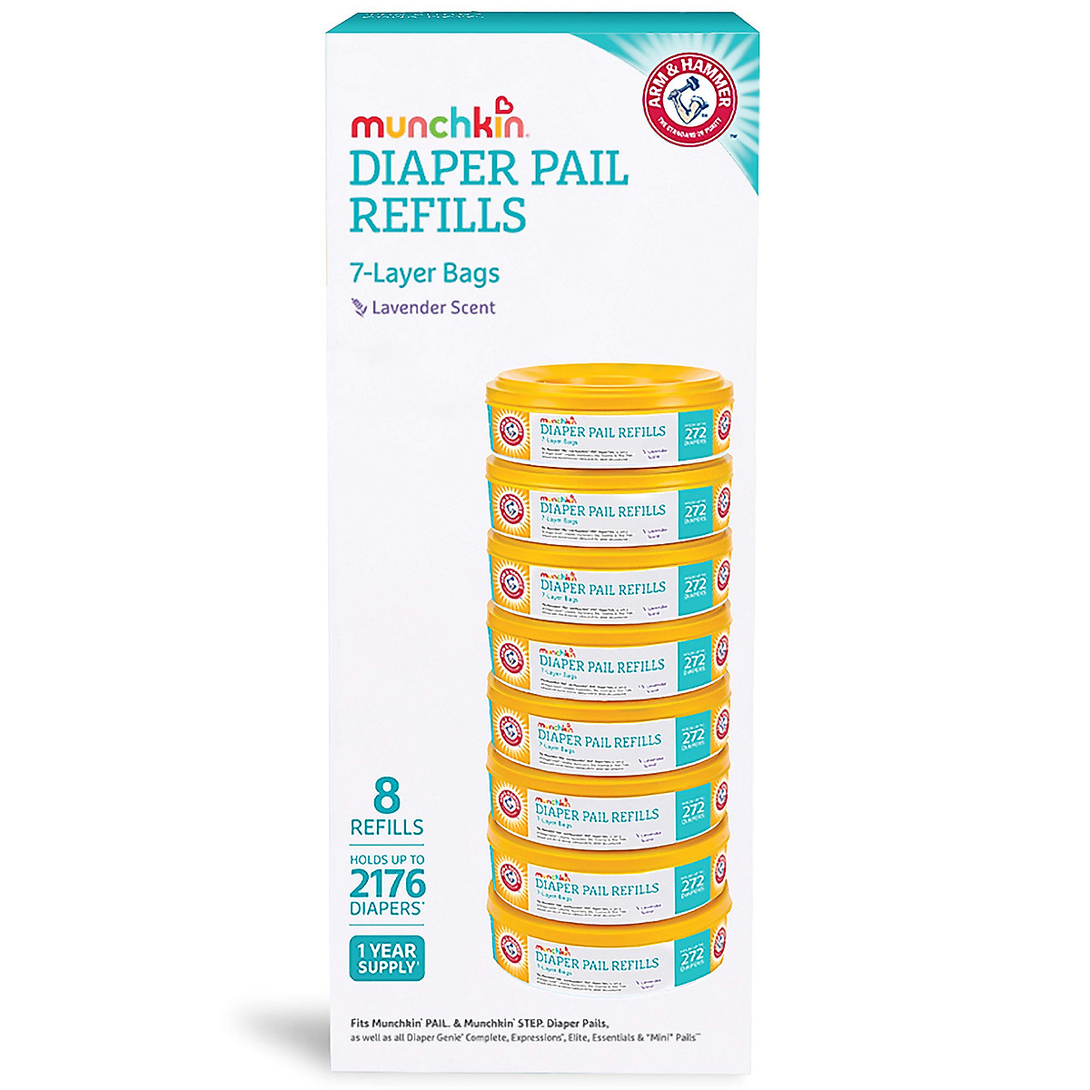 Munchkin® Arm & Hammer Diaper Pail Refill Rings, 2,176 Count, 8pk (272 Count each) and 3pk Puck Baking Soda Cartridge