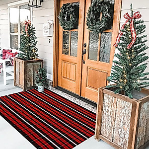 KIMODE Christmas Door Mat Outdoor 35"x59",Red and Black Buffalo Plaid Rug,Washable Cotton Hand-Woven Layered Door Mats,Reversible Outdoor Christmas Decor for Front Porch,Entryway,Kitchen