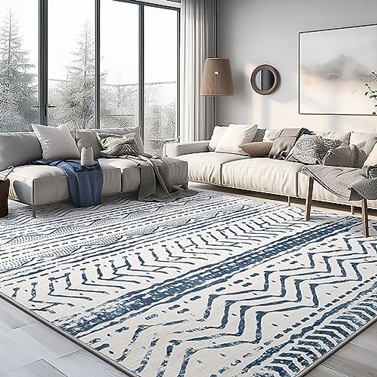 Area Rug Living Room Rugs - 5x7 Machine Washable Moroccan Geometric Neutral Soft Low Pile Stain Resistant Large Thin Rug Floor Carpet for Bedroom Under Dining Table Home Office - Navy Blue