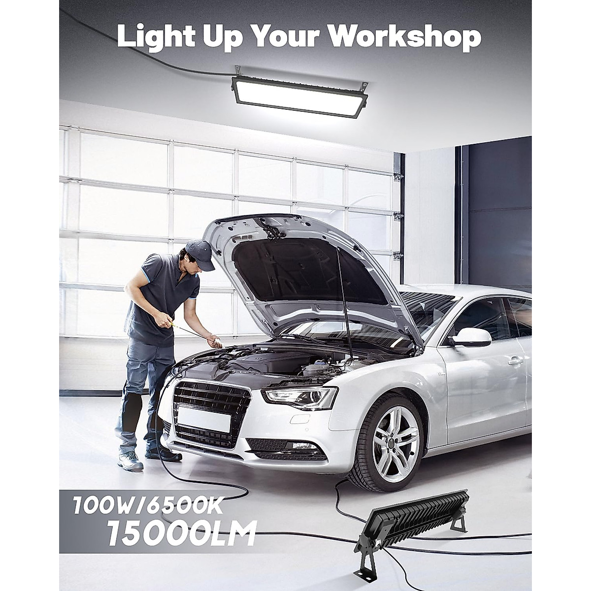 AGranTOP 2 Pack Linkable LED Shop Light - 100W 15000LM Aluminum Plug in Garage Light w/ 9.84ft Power Cord and On/Off Switch, 6500K Shop Lights for Garage, Workshop, Warehouse