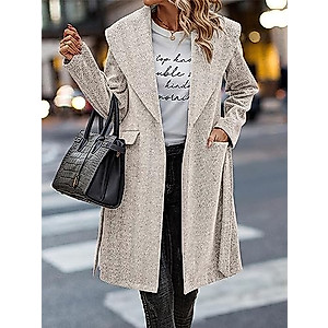 ECOWISH Women Coat Long Jacket: Winter Fashion Long Sleeve Lapel Casual Overcoat With Belt Beige Large