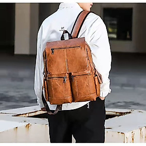 ENYIWH Men Backpack Purse Leather Vintage Multi Pockets Travel Bag Laptop Large Capacity Business Casual (Light Brown)