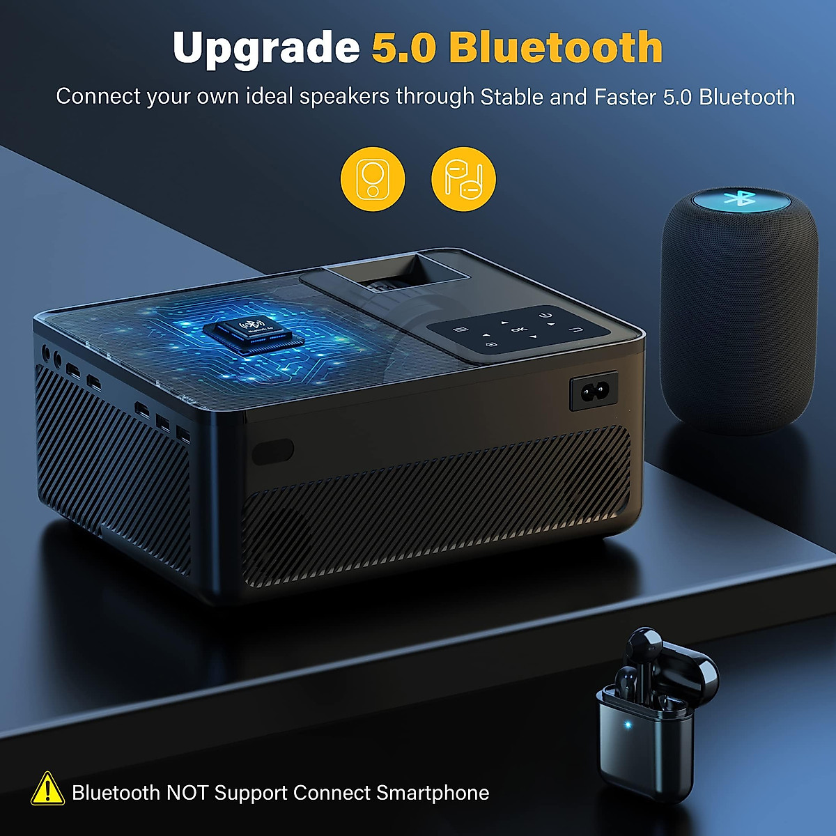 Projector with 5G WiFi and Bluetooth - BIGASUO 540 ANSI Native 1080P Outdoor Movie Projector 4k Support, Home Video Projector Support 200"/Zoom/HiFi, Compatible with HDMI/USB/TV/iOS&Android