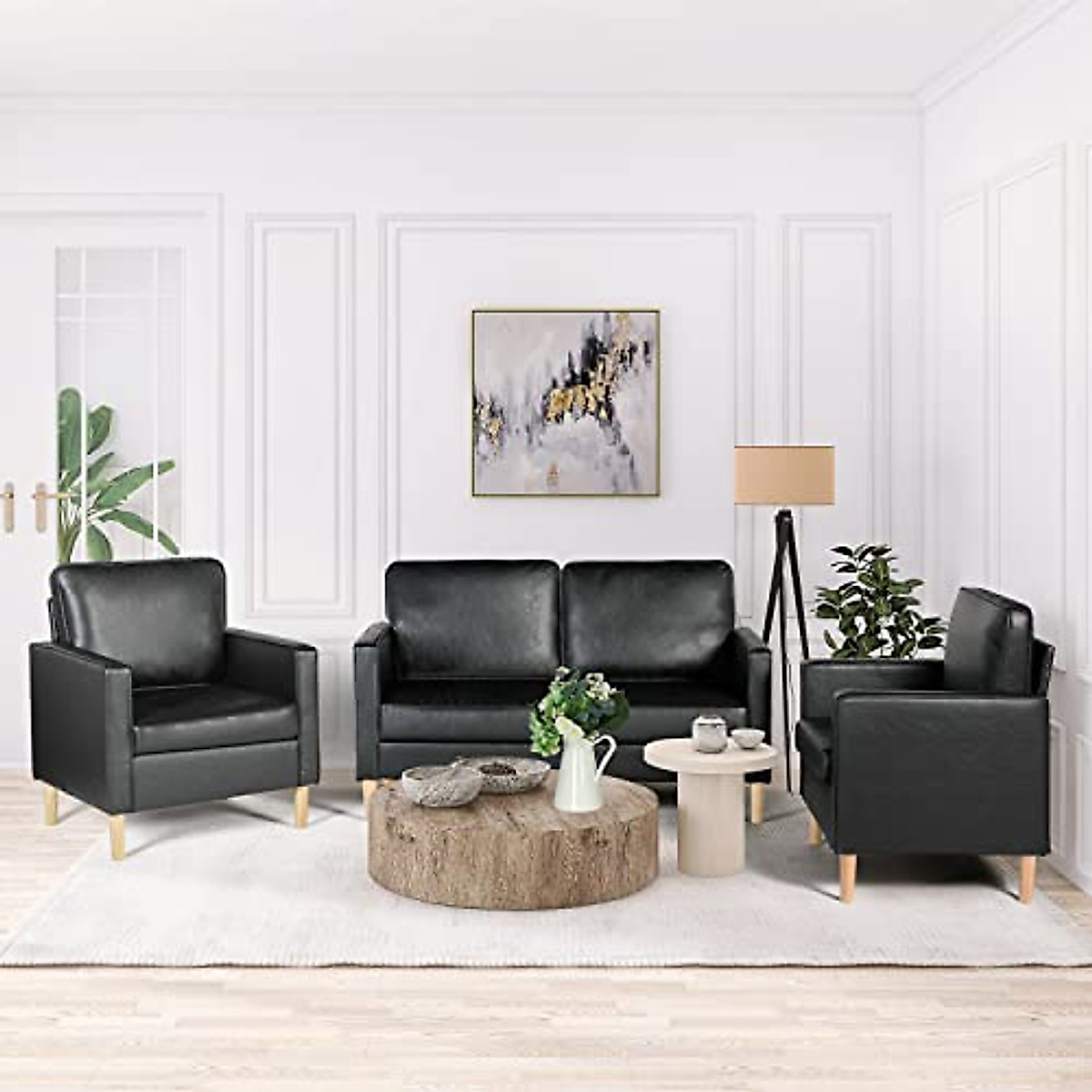 AILEEKISS Mid-Century Sectional Sofa Set Faux Leather Office 3 Pcs Couch Set with Armrest Modern Upholstered Loveseat Couches (1-Seater+1-Seater+2-Seater, Black)