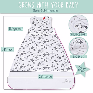 Baby Sleeping Sack, Organic Cotton, for 6-24 Months, Swaddle Transition Sleeping Bag, 2-Way Zipper, Warm - Soft Baby Wearable Blanket