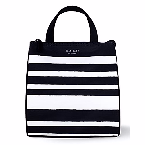 Kate Spade New York Cute Lunch Bag for Women, Large Capacity Lunch Tote, Adult Lunch Box with Silver Thermal Insulated Interior Lining and Storage Pocket Sarah Stripe (Black/White)