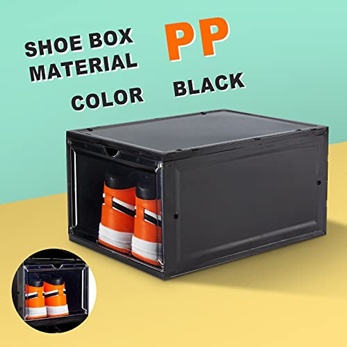 HIYOHIYO 4 Pack Drop Front Shoe Box, Shoe Boxes Stackable Sneaker Containers Magnetic Box Drop Front Shoe Organizer Shoes Cases Display Bins for Living Room Fit up to Size 12 (13.4x 9.8x 7.1) (Black)