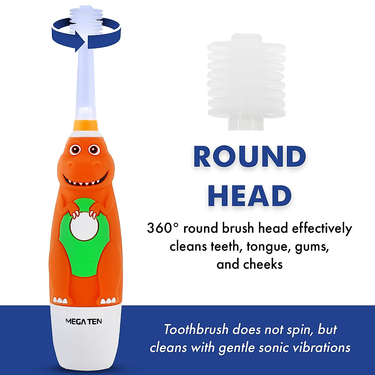 Brilliant Oral Care Kids Sonic Electric Toothbrush with Soft Bristles, Round Brush Head, LED Light, and Timer, for Children Ages 5+, Dinosaur
