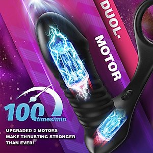 Thrusting Anal Vibrator with Thick Penis Ring, 3*10 Vibrating&Telescopic Prostate Massager Dildo Shaped Anal Plug, TIVINO Silicone Male Sex Toys Gay Toy for Men Masturbation and Foreplay