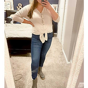 IWOLLENCE Womens Loose Henley Blouse Bat Wing Long Sleeve Button Down T Shirts Tie Front Knot Tops Oatmeal, M