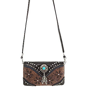 Zelris Floral Western Pu Tooled Leather Turquoise Concho Feathers Crossbody Trifold Wallet (Brown)