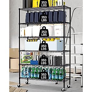 Dkeli Metal Storage Shelves 6 Tier Wire Garage Shelving with Wheels, 2100LBS Weight Capacity Heavy Duty NSF Height Adjustable Steel Shelving Rack for Pantry Kitchen Garage Basement, Black