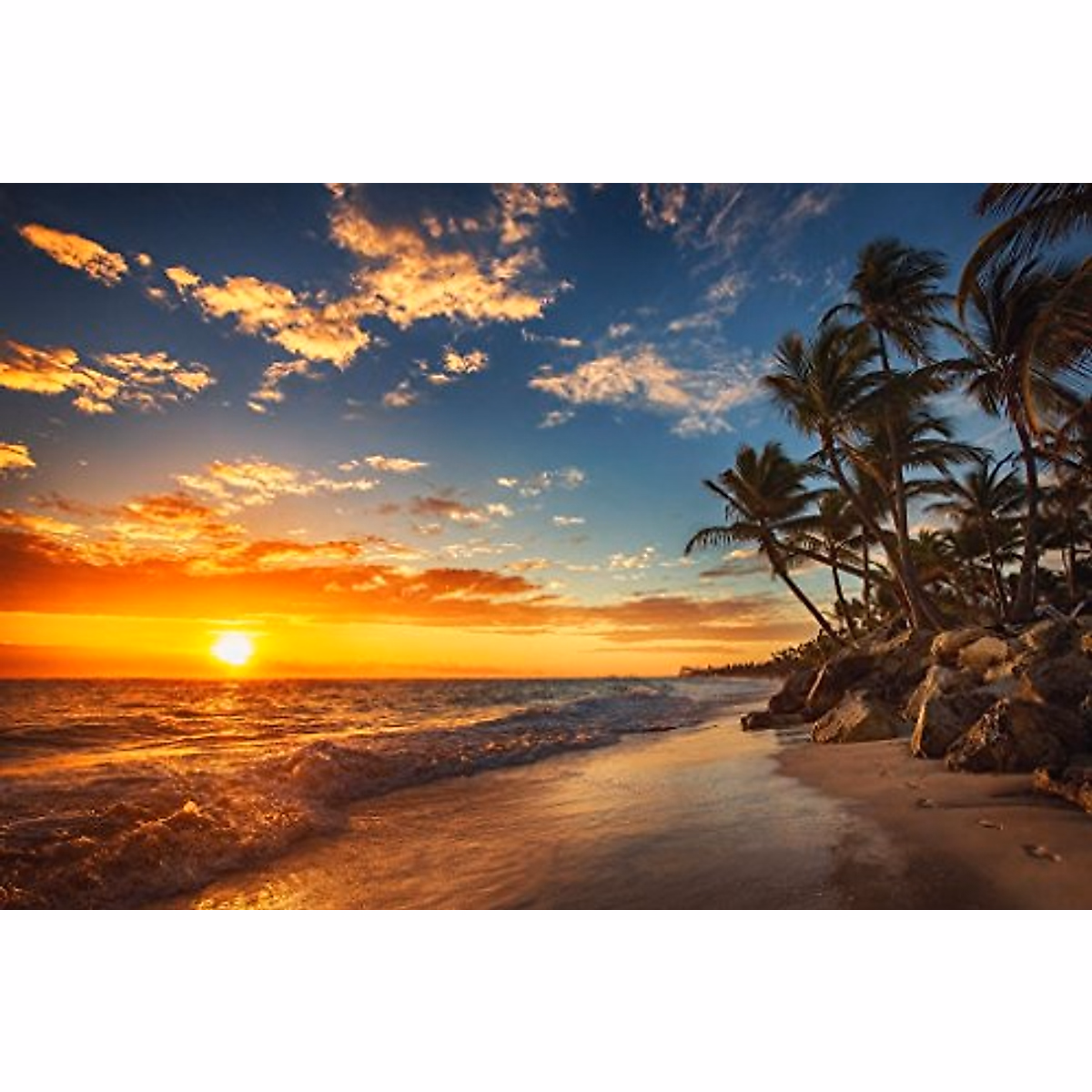 Sunset Over Tropical Beach Palm Tree Ocean Photo Photograph Setting Sun Island Poster Nature Scene Palm Tree Scenic Relaxing Calm Sea Sand Beautiful Cool Wall Decor Art Print Poster 36x24