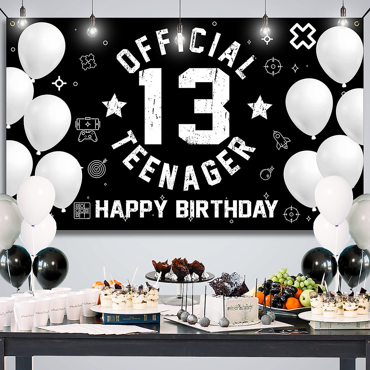 HTDZZI 13th Birthday Backdrop Banner, Happy 13th Birthday Decoration for Boys Girls, Official Teenager 13 Birthday Party Yard Sign, 13 Year Old Birthday Photo Booth Props Decor, Fabric, Black White