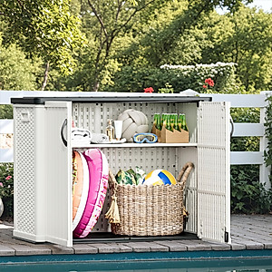 Greesum Outdoor Storage Deck Box Cabinet 150 Gallon, Horizontal Resin Storaged Shed, Pad-Lockable, Waterproof and UV Protection for Garden, Garage, Lawn, Without Shelf, White