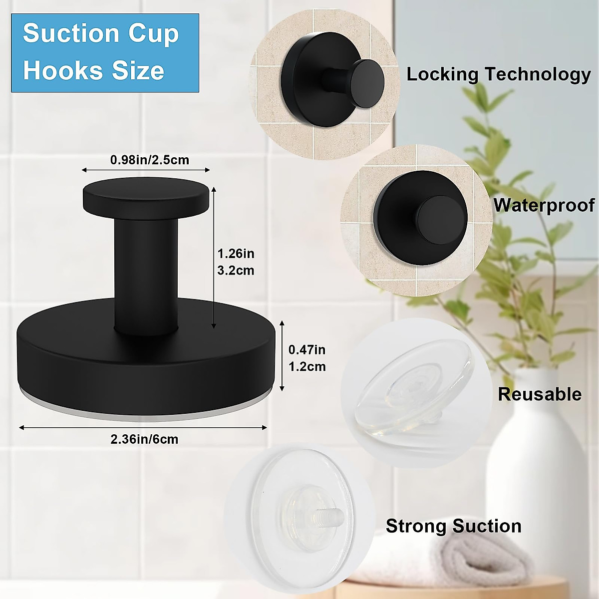DEMITUMON Suction Cup Hooks for Shower,Bath Towel Hook,Heavy-Duty 304 Stainless Steel Suction Hooks for Bathroom Kitchen,Door,Glass,Mirror,Tile- Easy to Install,Strong Adsorption,Black - 2 Pack
