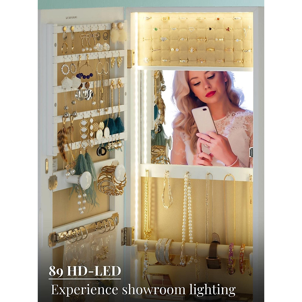 LUXFURNI Mirror with Storage, Jewelry Cabinet Armoire, Door/Wall Mounted LED Jewelry Organizer, Interior Mirror, Lockable, White