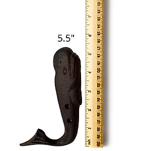 Needzo Cast Iron Nautical Whale Towel Hook Holder, Wall Mounted Hooks for Hanging Towels, Coats, and More, Rustic Coastal Bathroom Decor for Beach Houses, 5.5 Inches