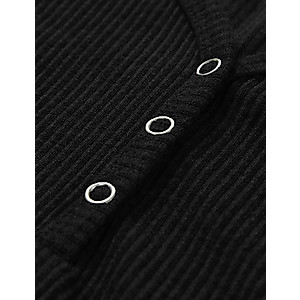 MEROKEETY Women's Short Sleeve V Neck Ribbed Knit Button T Shirts Henley Solid Color Summer Tops, Black, L