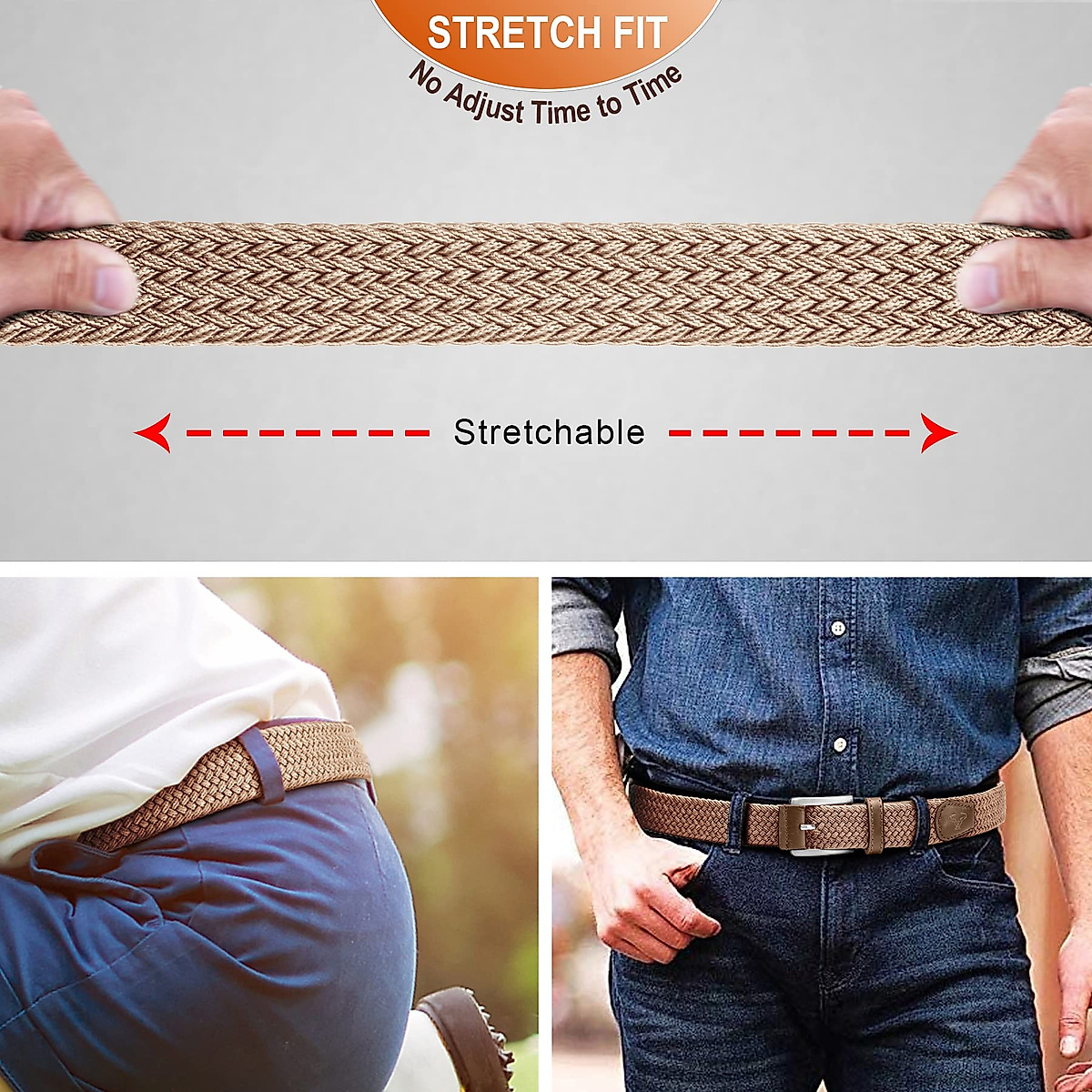 BULLIANT Stretch Belt Men,Mens Gift Woven Braided Web Belt 1 3/8 for Golf Casual Pants Shirts Jeans(Beige,30"-34" Waist Adjustable)