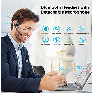 iDIGMALL Bluetooth Headset with Detachable Microphone, Multi-Point Wireless Headset w/DSP Noise Canceling Mic for Phone PC Laptop, Comfort & Light Open Ear headphones for Office Meeting Home Work, 12H