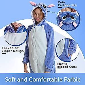 Folisof Onesies Pajamas, Unisex Adult Novelty One-Piece Cosplay Animal Sleepwear & Homewear, Halloween Costume for Women Men (Large, Stitch)