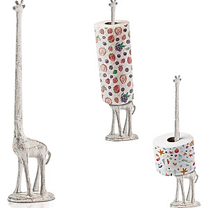 Paper Towel Holder or Free Standing Toilet Paper Holder- Cast Iron Giraffe Paper Holder - Decorative Bathroom Toilet Paper Holder or Stand Up Paper Towel Holder - Antique White by Comfify
