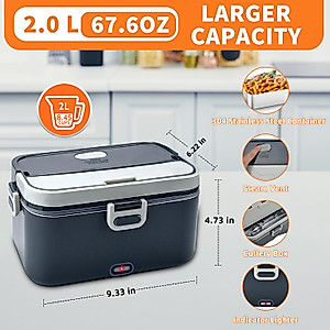 Auingote Electric Lunch Box for Adults 90W Heated Lunch Box - 12/24/110V Portable Food Warmer with 2L Stainless Steel Container - Food Heater Lunch Warmer for Car, Truck, Office - Grey