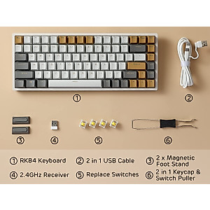 RK ROYAL KLUDGE RK84 RGB Limited Ed, 75% Triple Mode BT5.0/2.4G/USB-C Hot Swappable Mechanical Keyboard, 84 Keys Wireless Gaming Keyboard, RK Yellow Switch, Macchiato White