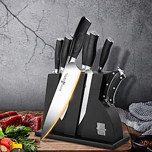 TUO 8 Pcs Chef Knife Set - Professional Knife Block Set Sharpener Steel, German Stainless Steel Ergonomic Pakkawood Handle with Gift Box, Fiery Phoenix Series - Black