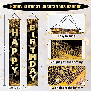 Happy Birthday Decorations Banner for Men Women Boys Girls, Black Gold Birthday Porch Sign Birthday Party Supplies Background for Birthday Party Favor Door Decorations, 72 x 12 Inch