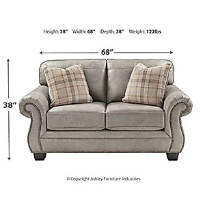 Signature Design by Ashley Olsberg Faux Leather Loveseat with Nailhead Trim and 2 Accent Pillows, Gray