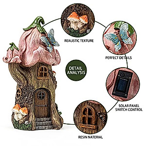 Fairy Garden Accessories Outdoor Statues, Mushroom House Decor,Large Gnome Solar Powered Lights Sculptures,Pink Resin Figurine Butterfly Figurines Lawn Ornaments for Patio Yard Decorations 11Inch