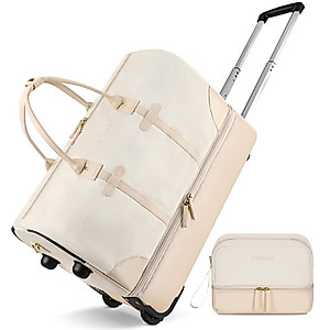 ETRONIK Rolling Duffle Bag with Wheels, 21 Inch Carry on Bag for Airplanes with Shoes Compartment, Canvas Weekender Overnight Bag for Women with Toiletry Bag, Beige