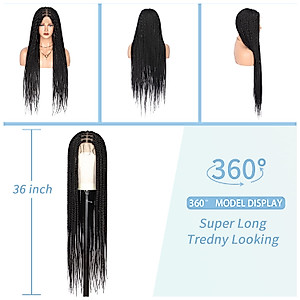 Fecihor 36" Knotless Braided Wigs Lace Front Box Braids Lace Frontal Wig for Women Human Hair Blended Black Hand Full double lace Braid Wig With Baby Hair