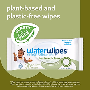 WaterWipes Plastic-Free Textured Clean, Toddler & Baby Wipes, 99.9% Water Based Wipes, Unscented & Hypoallergenic for Sensitive Skin, 540 Count (9 packs), Packaging May Vary