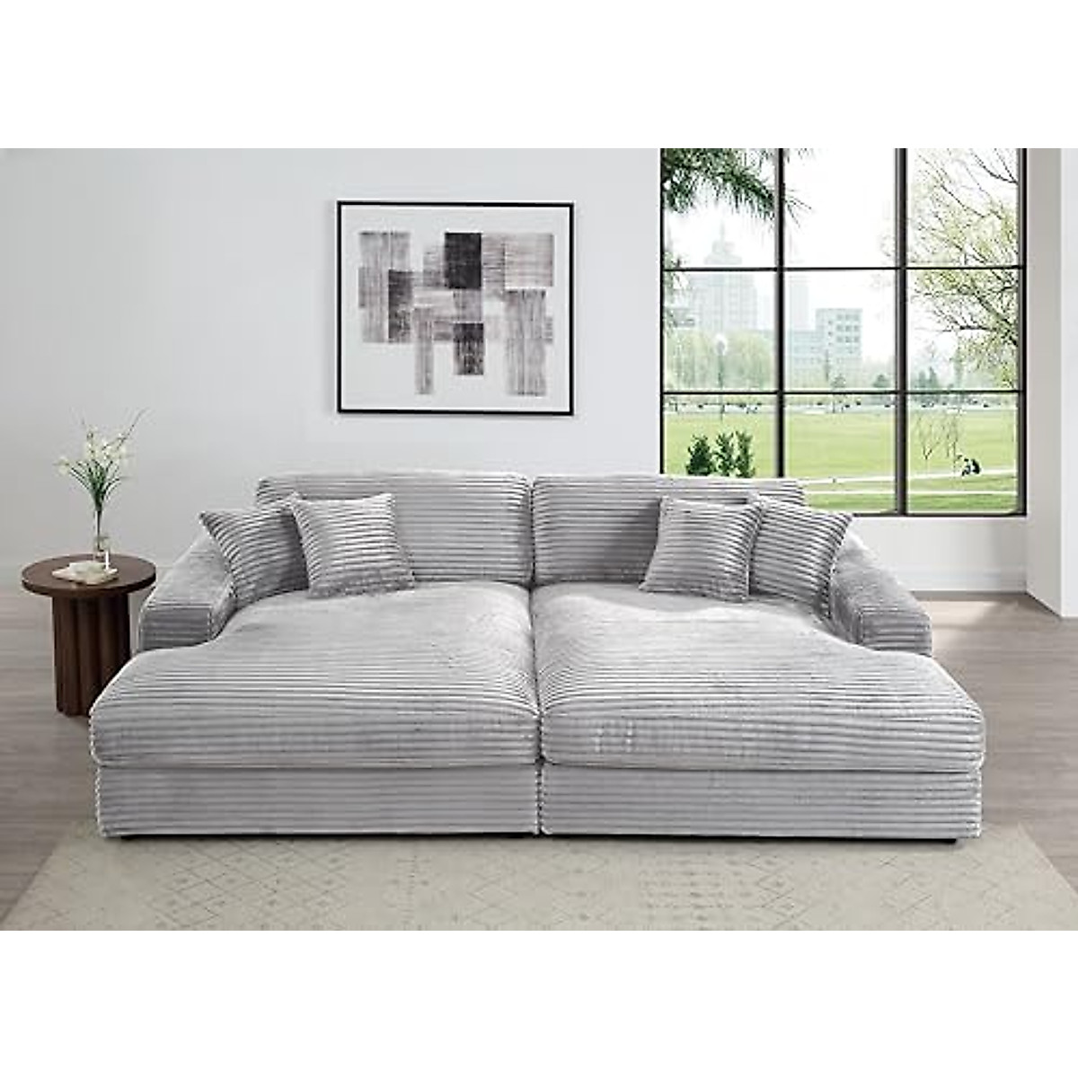 Acme Hilde Velvet Upholstered Sectional Sofa with 4 Pillows in Beige