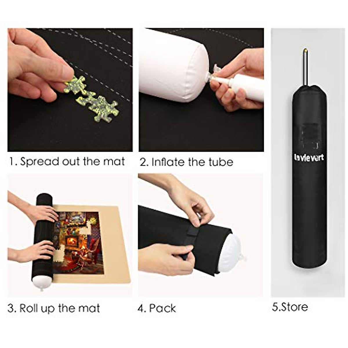 LAVIEVERT Jigsaw Puzzle Mat Roll Up, Double-Sided Neoprene Puzzle Roll Mat, Portable Puzzle Board Keeper Saver with Auxiliary Line & Storage Bag for Up to 1500 Pieces - Black & Khaki