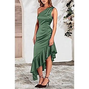 PRETTYGARDEN Women's 2023 Casual Summer Dress One Shoulder Sleeveless Ruffle Hem Wedding Guest Ruched Bodycon Maxi Dresses (Army Green,Medium)