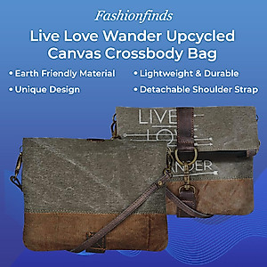 SAGEFINDS Live Love Wander Upcycled Canvas Crossbody Bag | Earth Friendly Materials | Shoulder Purse | Small Clutch | Fold-Over Zip Top | 22” Detachable Strap