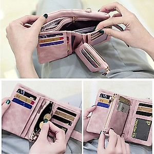 TOPKULL Bifold Small Rfid Soft Leather Ladies Trifold Wallets Billfolds Mini Wristlet Clutch Cute Zipper Coin Purse with Wrist Strap (Pink)