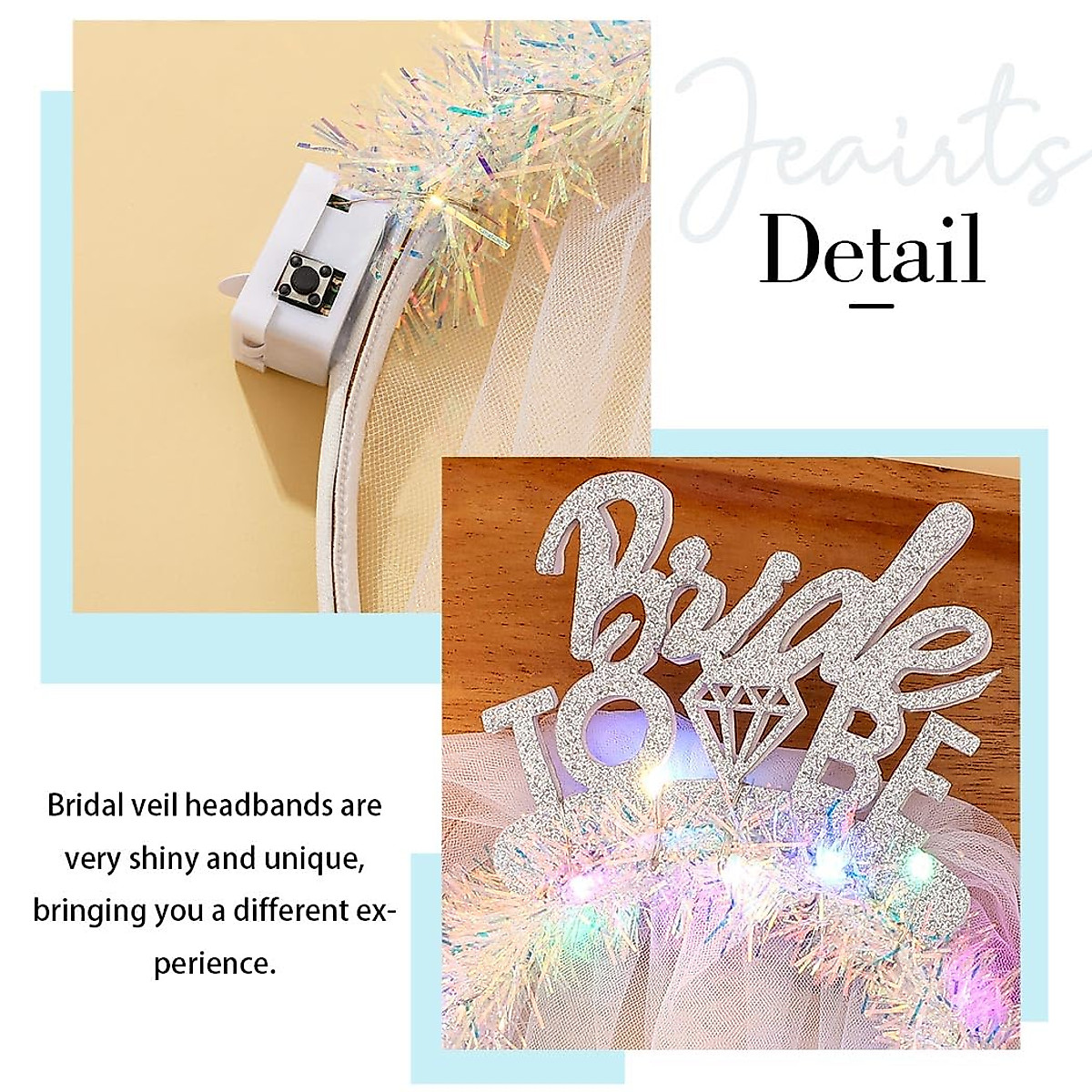 JEAIRTS Light Up Bride Veil Headband LED Bride To Be Hair Hoop Glitter Wedding Veil Headpiece Bachelorette Party Hair Accessories for Women and Girls