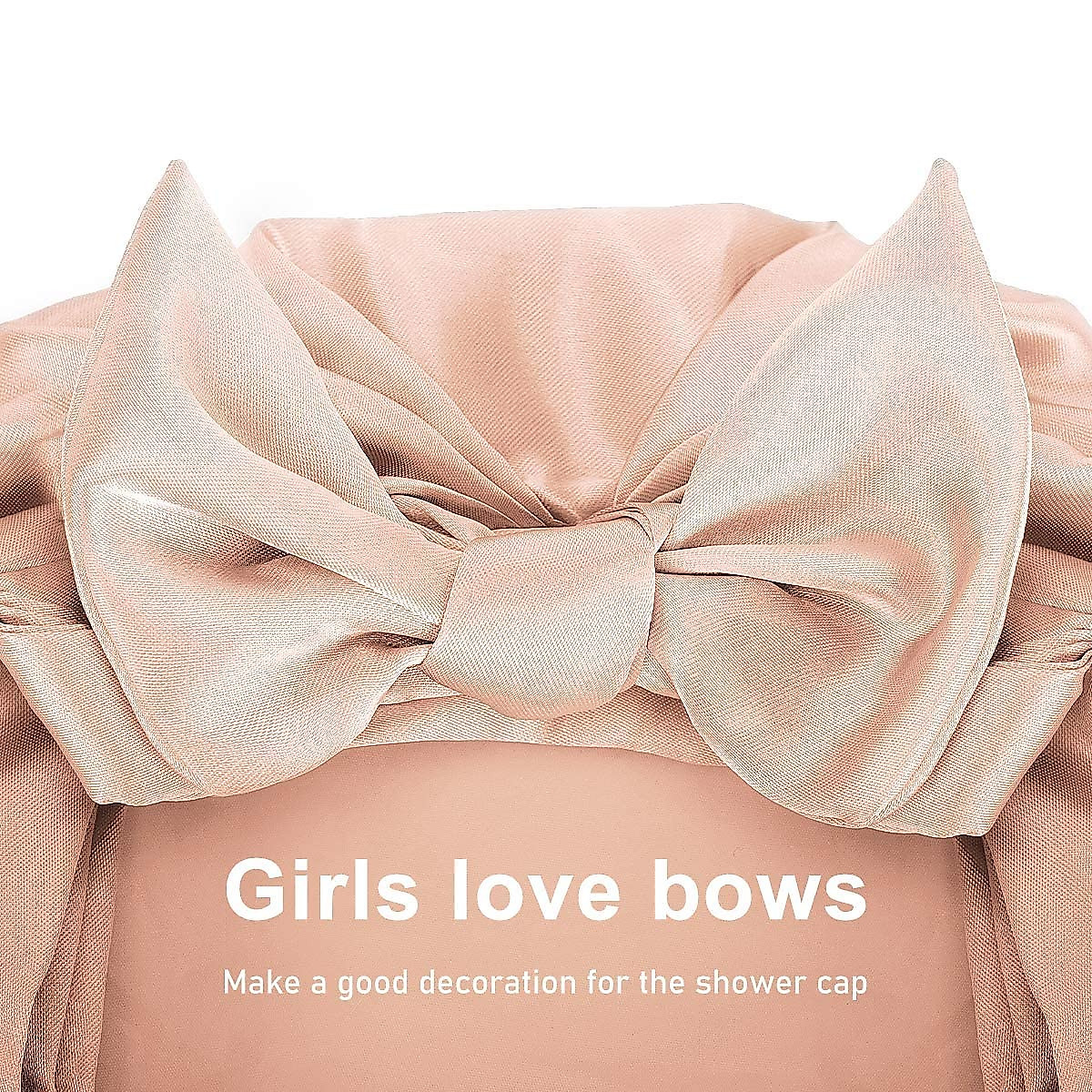 Auban Extra Large Shower Cap, Bowknot Double Layer Reusable Bath Hair Caps With Silky Satin for Women Beauty Bathing, Hair Spa, Home Hotel Travel Use (Beige)