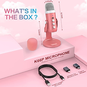 ZealSound Gaming USB Pink Microphone with Quick Mute for Phone Computer PC PS5,Studio Mic with Gain Control,Echo&Monitor Volume Adjust for Streaming Vocal Recording ASMR Podcast Video K66