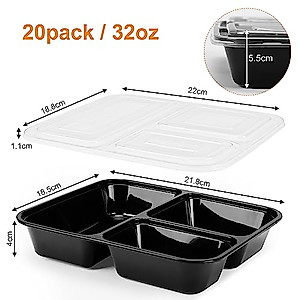 Moretoes 20 Pack 32 oz Meal Prep Containers 3 Compartment Food Storages with Lids, Disposable Bento Box for Lunch Microwave/Freezer/Dishwasher Safe